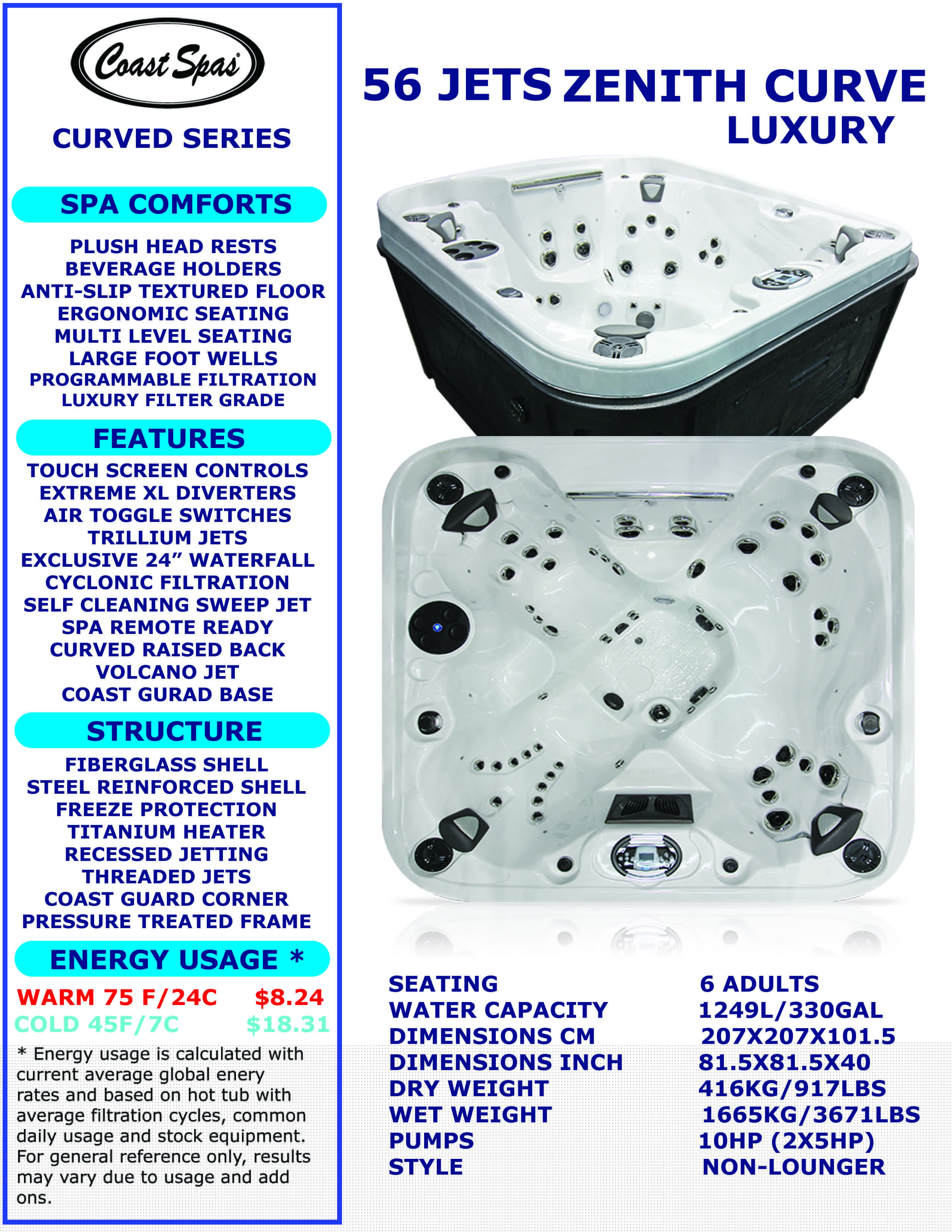 Zenith Luxury Curve Spec Sheet | MP Paradise Pools